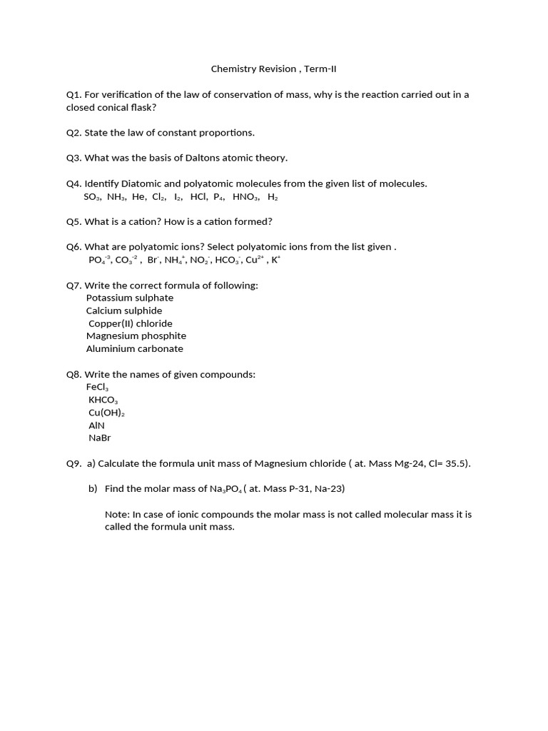 Chemistry Revision Questions Term-II | PDF