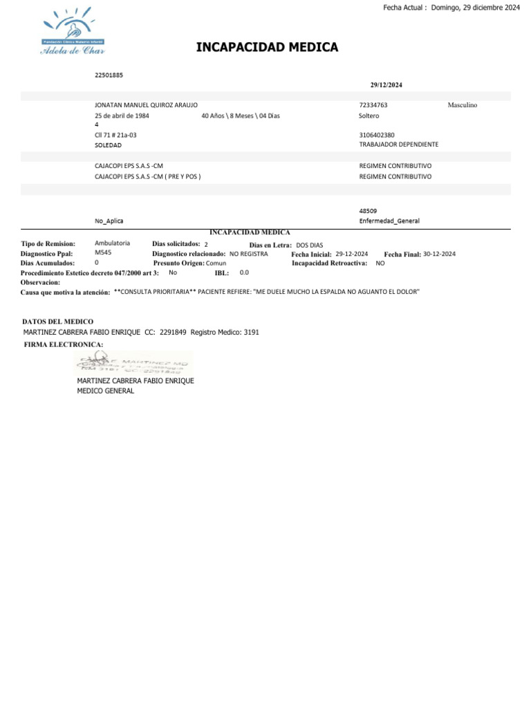 INCAPACIDAD ADELA CHAR_backup | PDF | Programas sociales | Medicina