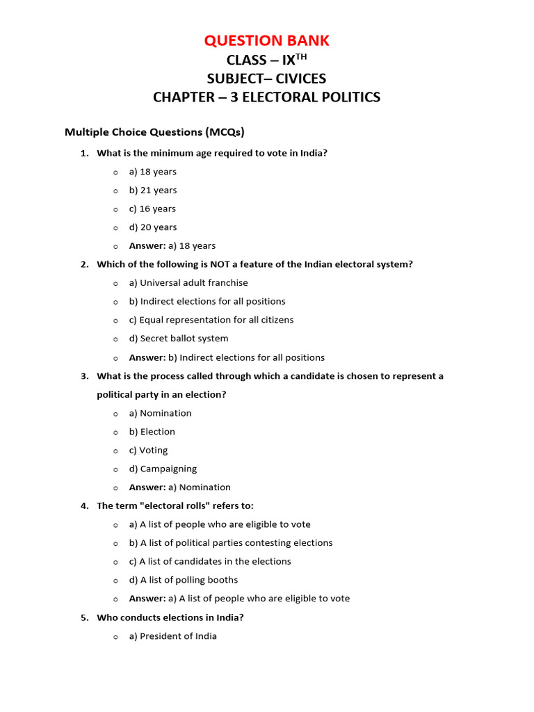 Class 9 Electoral Politics Question Bank | PDF | Elections | Voting