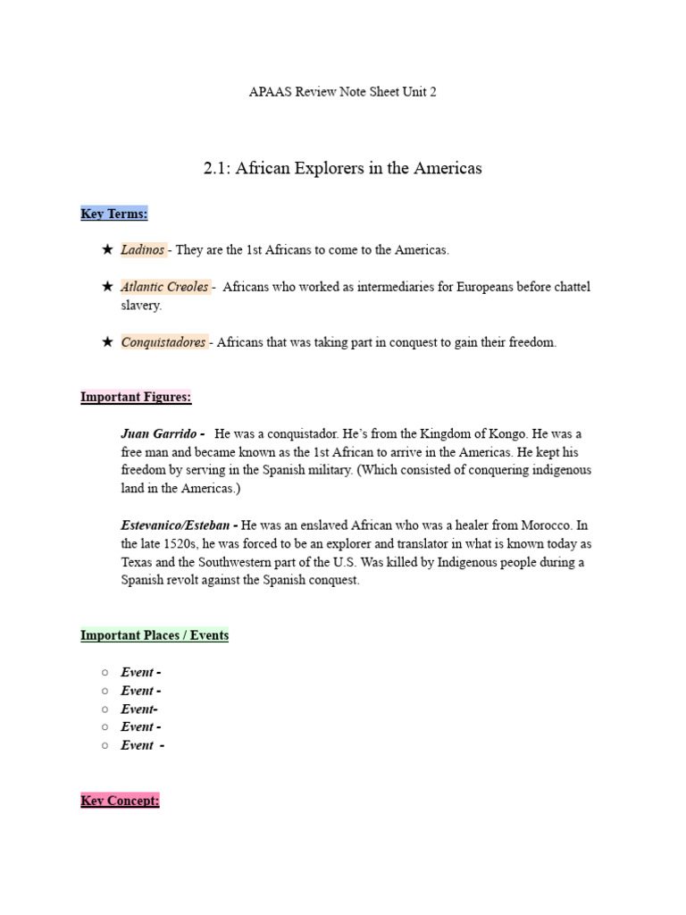 APAAS Review Note Sheet Unit 2 | PDF | Atlantic Slave Trade | Slavery