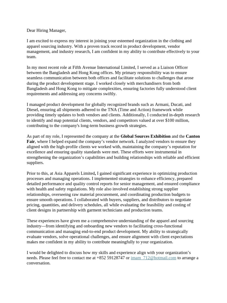 Apparel Sourcing Expert Cover Letter | PDF | Procurement | Business
