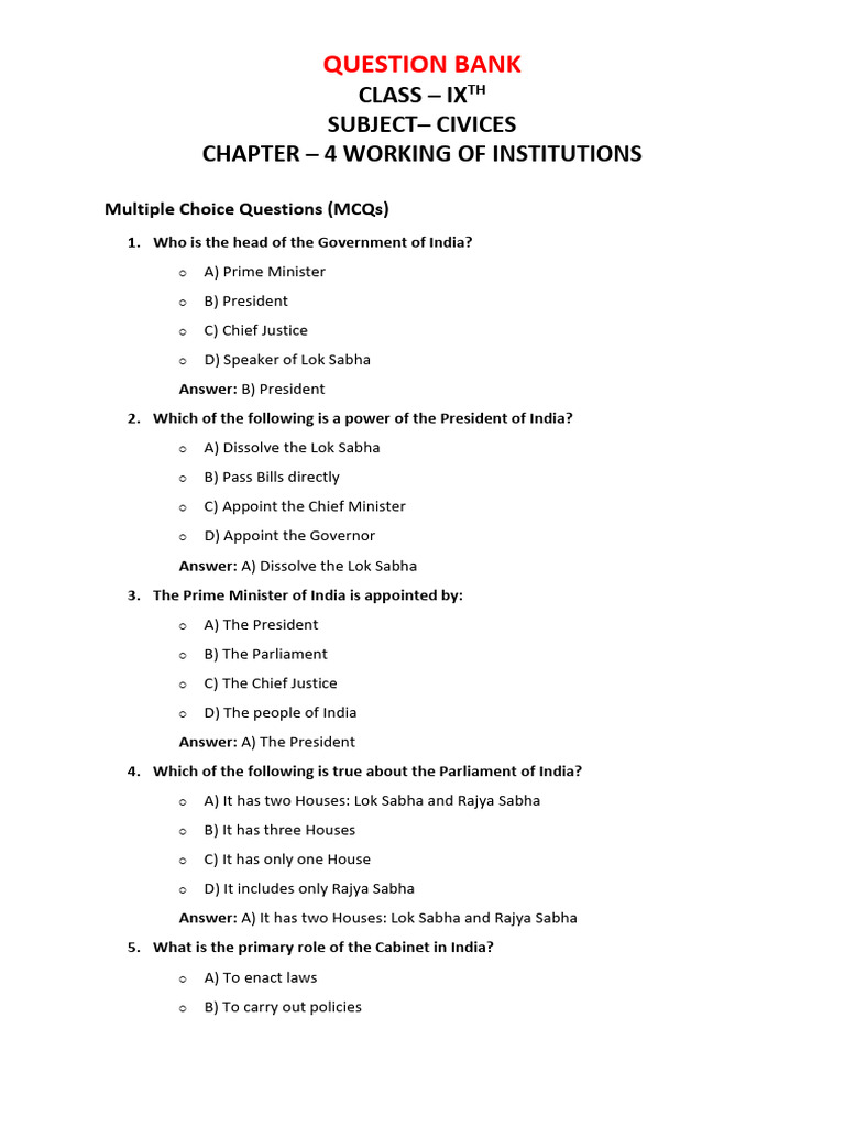 Class Ix Civices Question Bank Chapter - 4 Working of Institutions ...