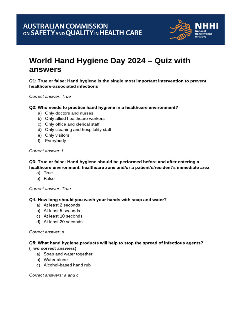 World Hand Hygiene Day 2024 Quiz With Answers | PDF | Hand Washing ...