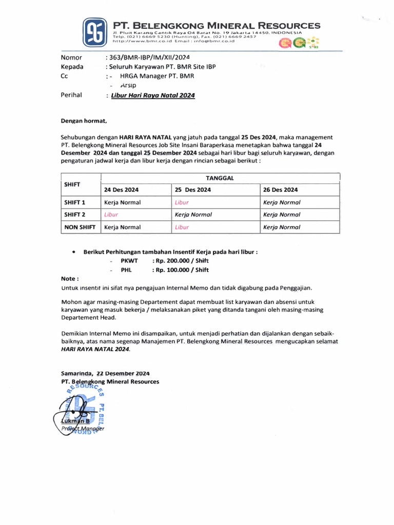 Internal Memo - Libur Hari Raya Natal 2024 | PDF