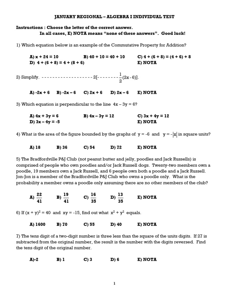 Algebra I Regional Test Questions | PDF | Numbers | Abstract Algebra