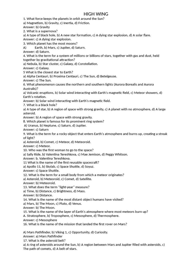 Quiz Questions Higher Wing | PDF | Nasa | Stars