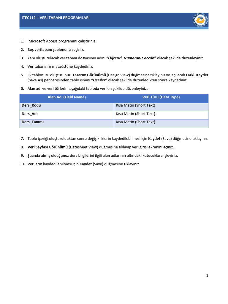Itec112 - Veri Tabani Programlari: Ders - Kodu Ders - Adı Ders - Tanımı | PDF
