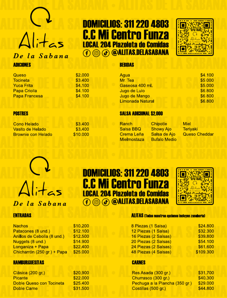 MENU ALITAS DE LA SABANA 2024 ALTA | PDF