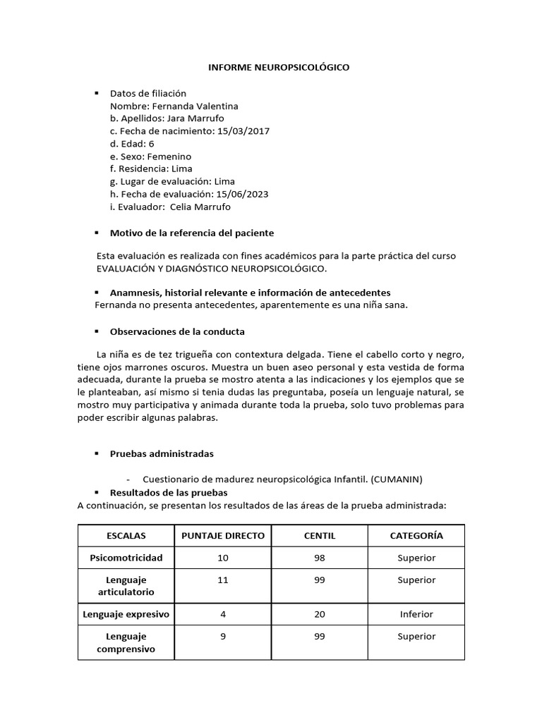 Upch Modelo de Informe Neuropsicológico - S | PDF | Neurociencia ...