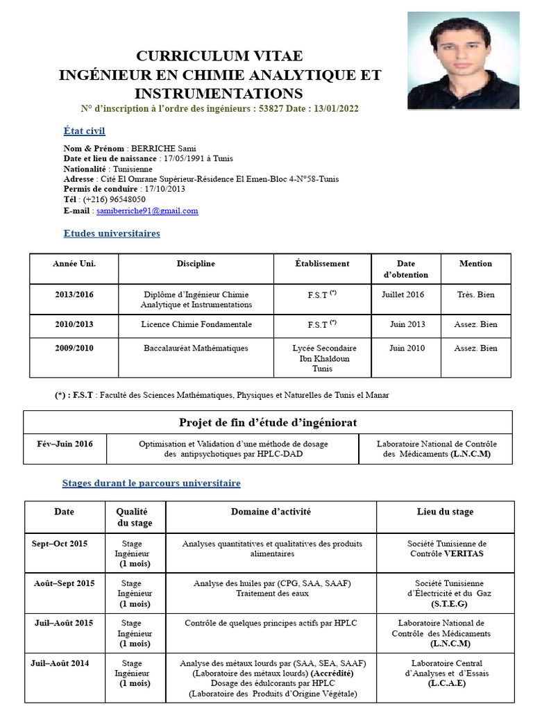 CV Ingénieur Chimiste Berriche Sami | PDF | Chimie | Métrologie