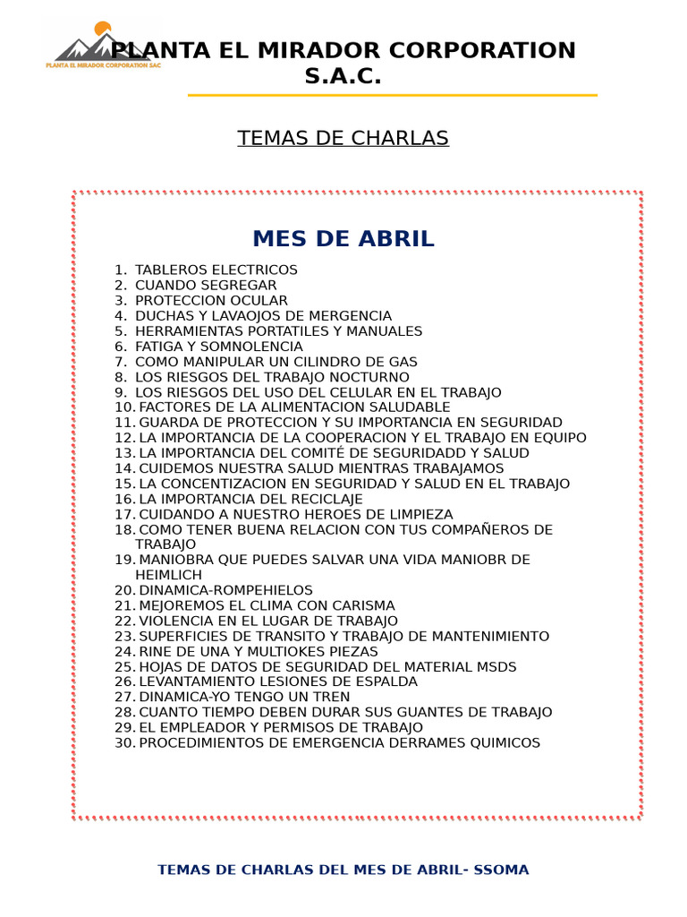 Temas de Charlas Abril 2024 | PDF
