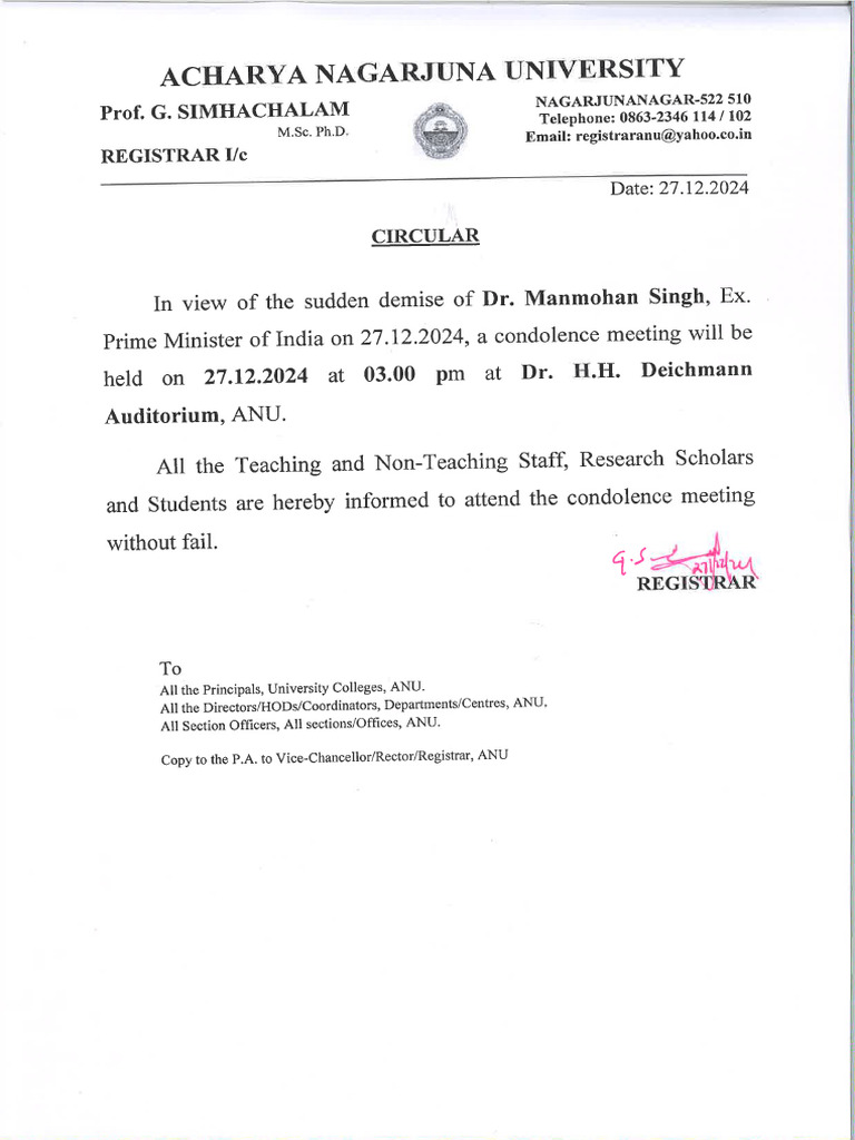 ANU - Condolence Circular - DR Manmohan Singh - Staff and Students | PDF