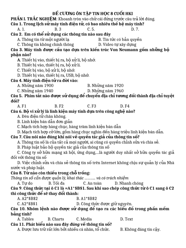 ĐỀ CƯƠNG ÔN TẬP TIN HỌC 8 CUỐI HKI | PDF
