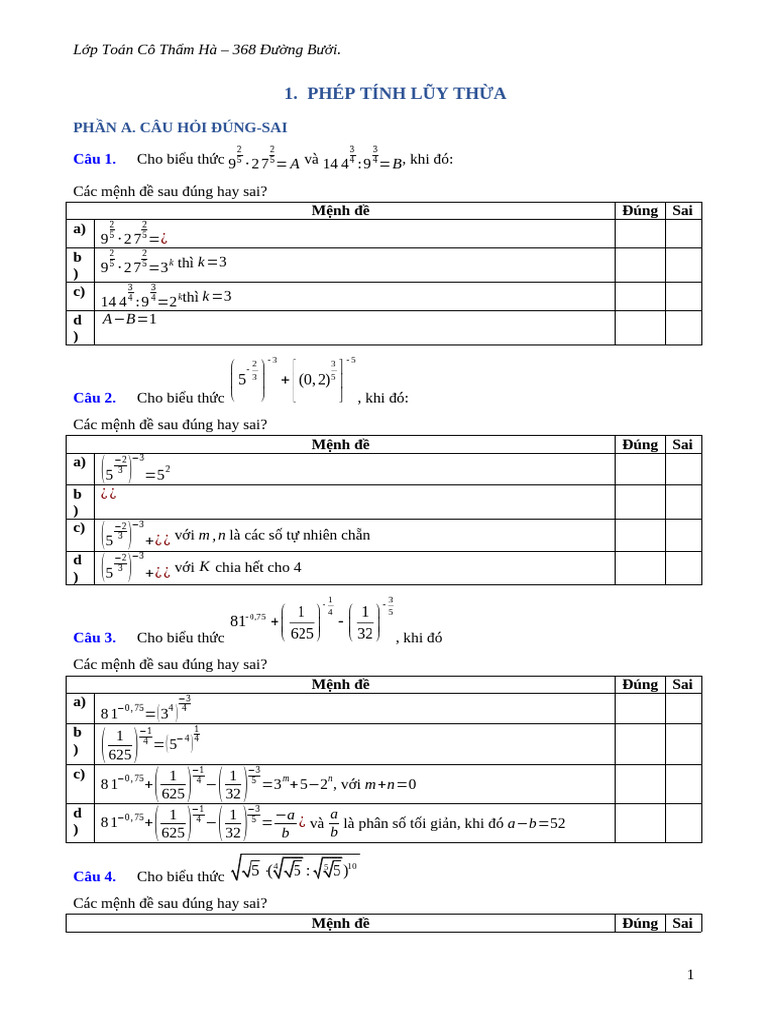 L11 - CHUYÊN ĐỀ LŨY THỪA, LOGARIT - DUNGSAI,TLN | PDF