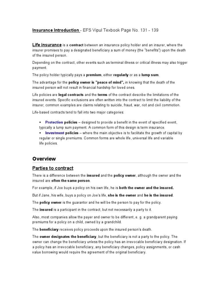 Insurance Introduction - EFS Vipul Texbook Page No. 131 - 139 | PDF ...
