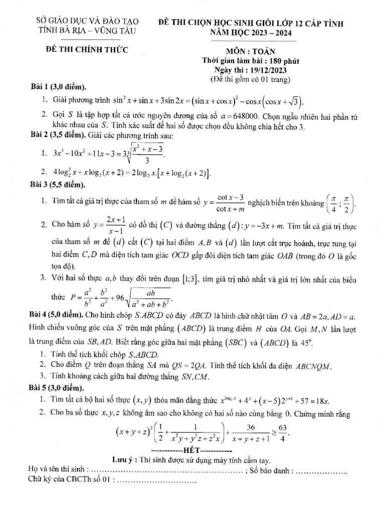 De Hoc Sinh Gioi Cap Tinh Toan 12 Nam 2023 2024 So GDDT Ba Ria Vung Tau | PDF