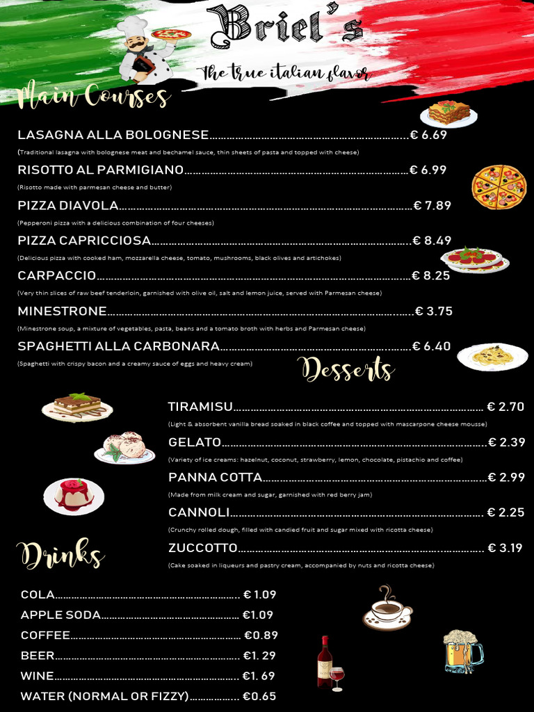 Menú Comida Italiana (Tarea Inglés) | PDF | Pizza | Foods