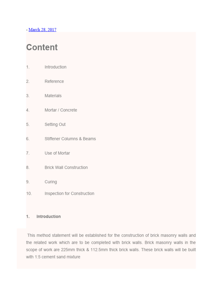 Method Statement of Brick Masonary Work | PDF | Brick | Concrete