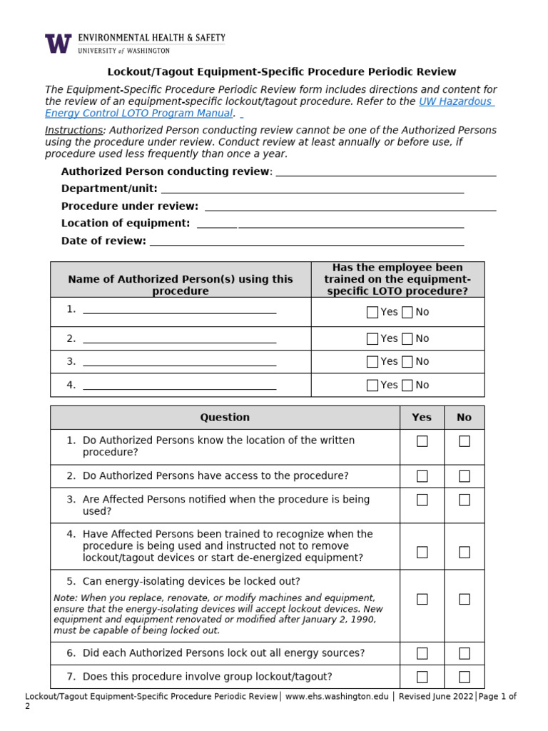 Loto Equipment Specific Procedure Periodic Review | PDF | Safety ...
