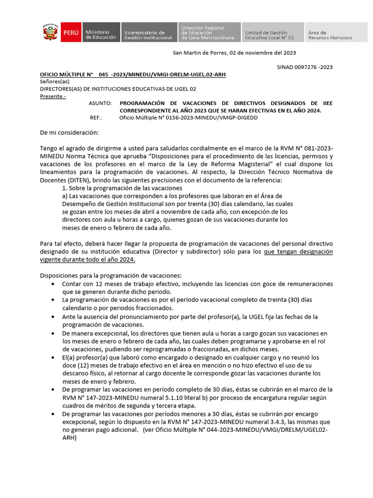 Oficio Multile 045-2023 - Programacion de Vacaciones Directivos Designados | PDF