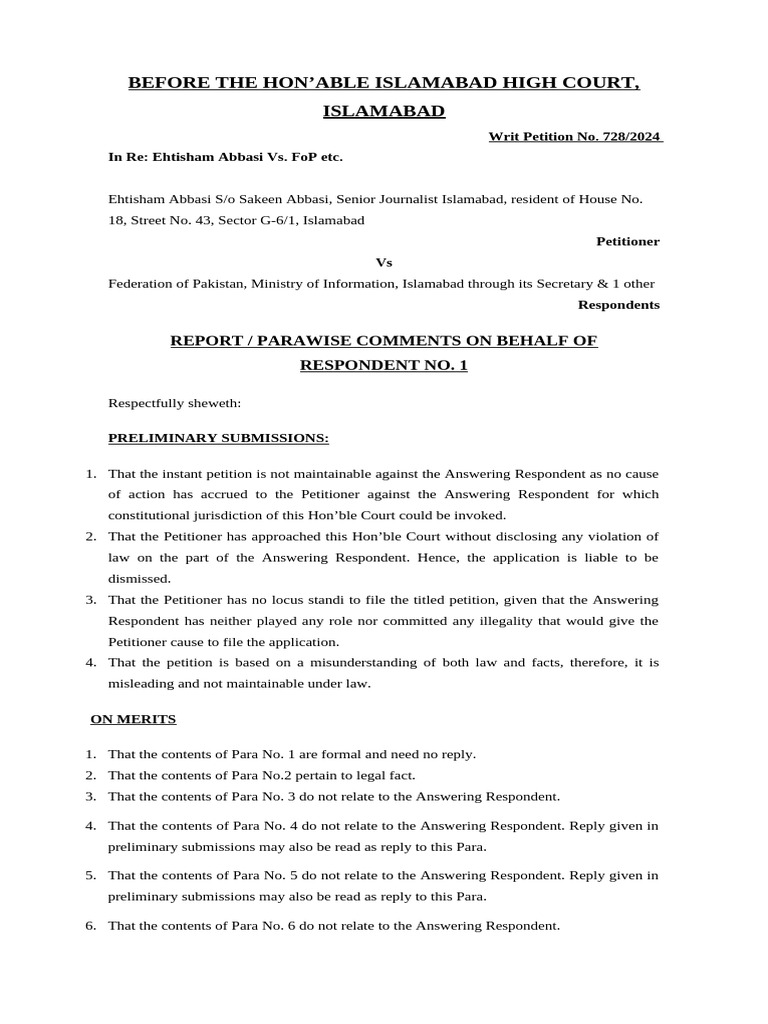 Parawise Comments in C.P No. D-1157 of 2021 Titled As Muhammad Hassan V ...