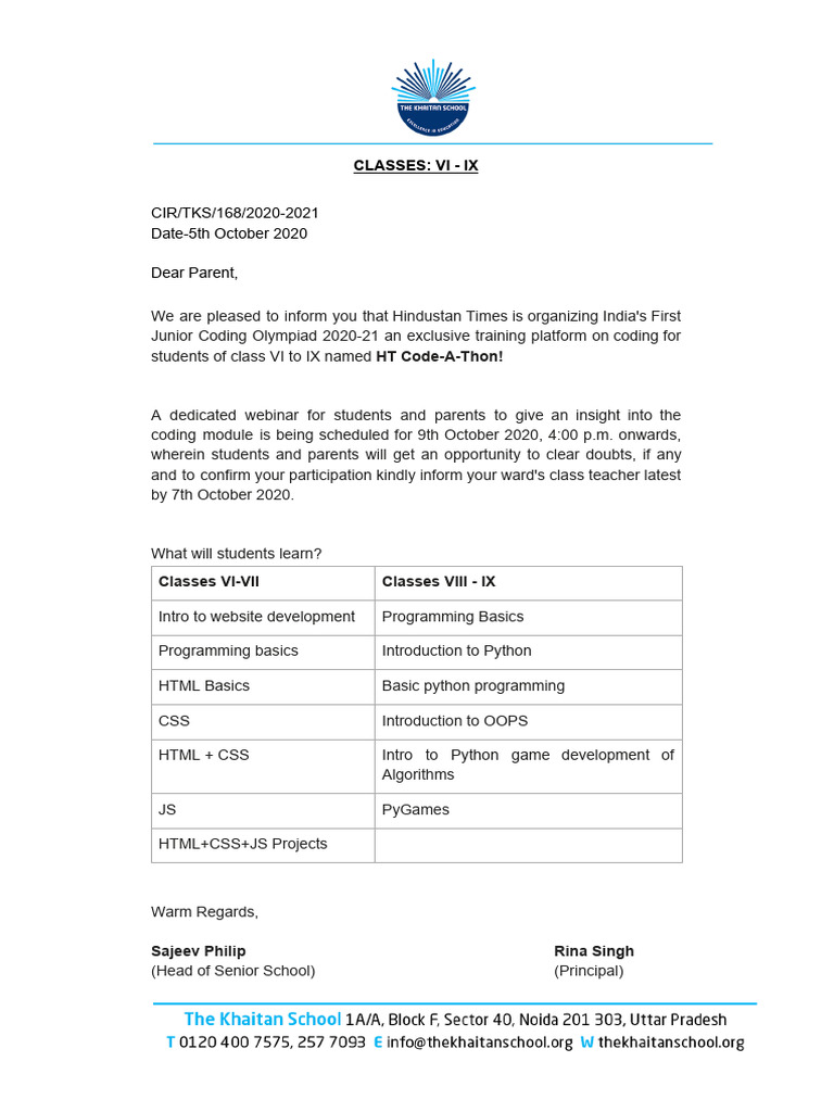 Circular No. 168 For Classes VI - IX | PDF