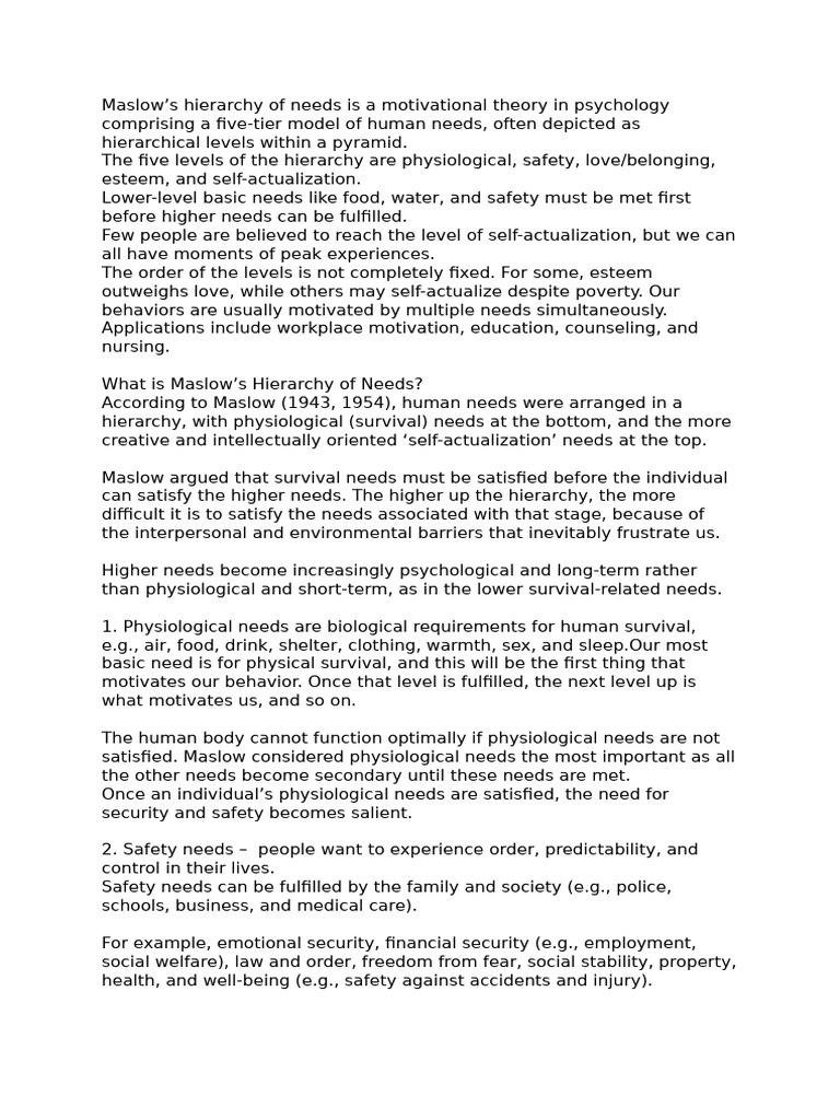 Maslow Hierarchy of Needs | PDF | Behavioural Sciences | Psychological ...