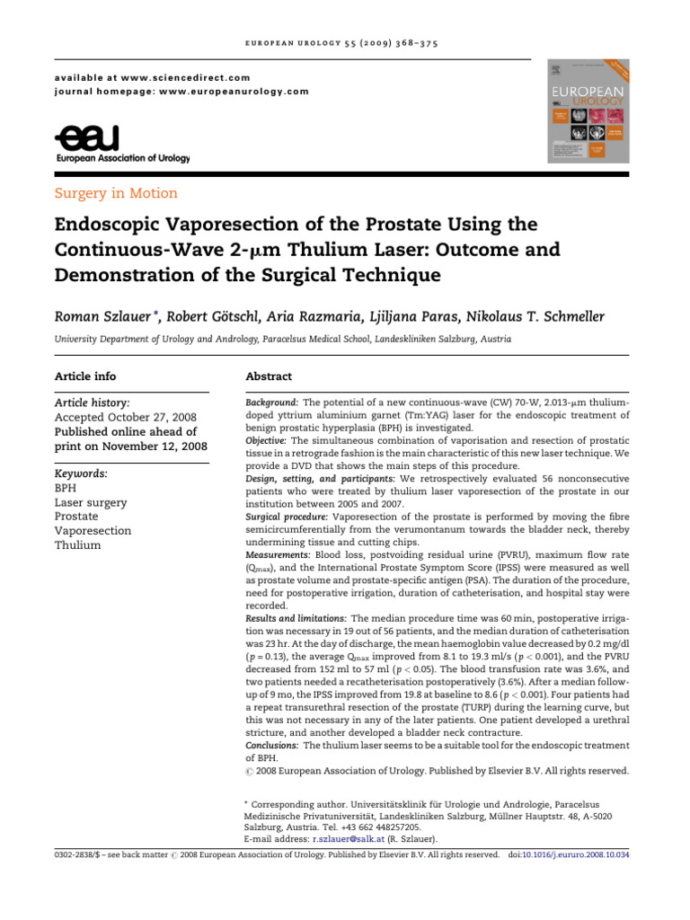 Endoscopic Vaporesection of The Prostate... | PDF | Prostate | Prostate ...