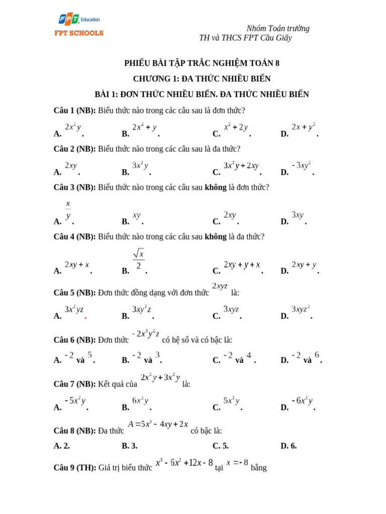 C1_TN_B1_ĐA THỨC NHIỀU BIẾN | PDF