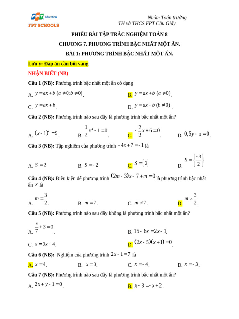 C7 - TN - B1 - Phương trình bậc nhất một ẩn | PDF