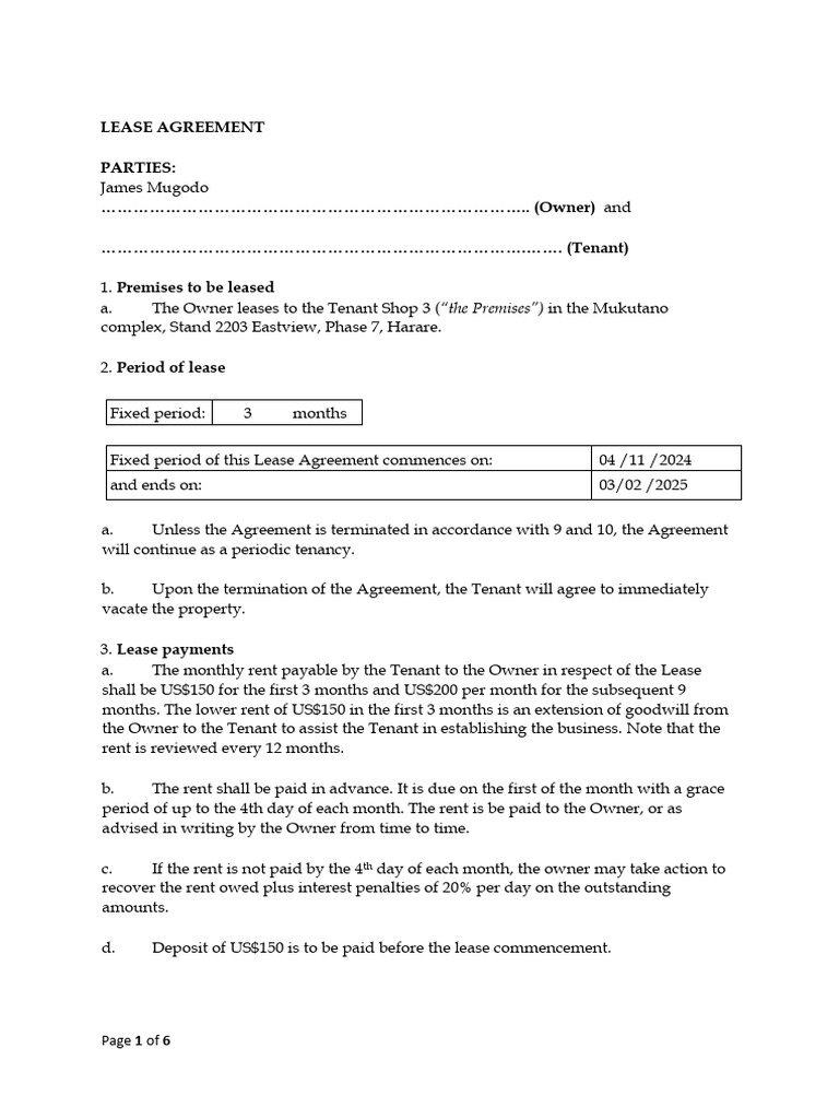 Final Mukutano Lease Shop 3 Zimuto Motor Spares | PDF | Lease | Breach ...