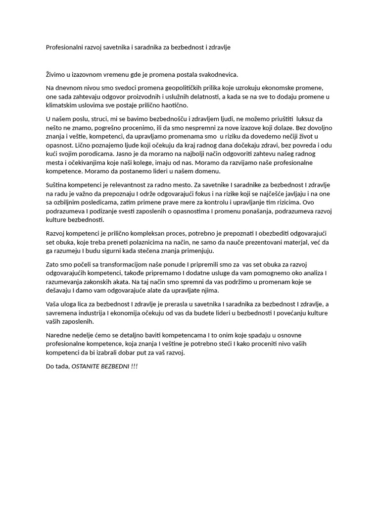 Profesionalni Razvoj Savetnika i Saradnika Za Bezbednost i Zdravlje | PDF