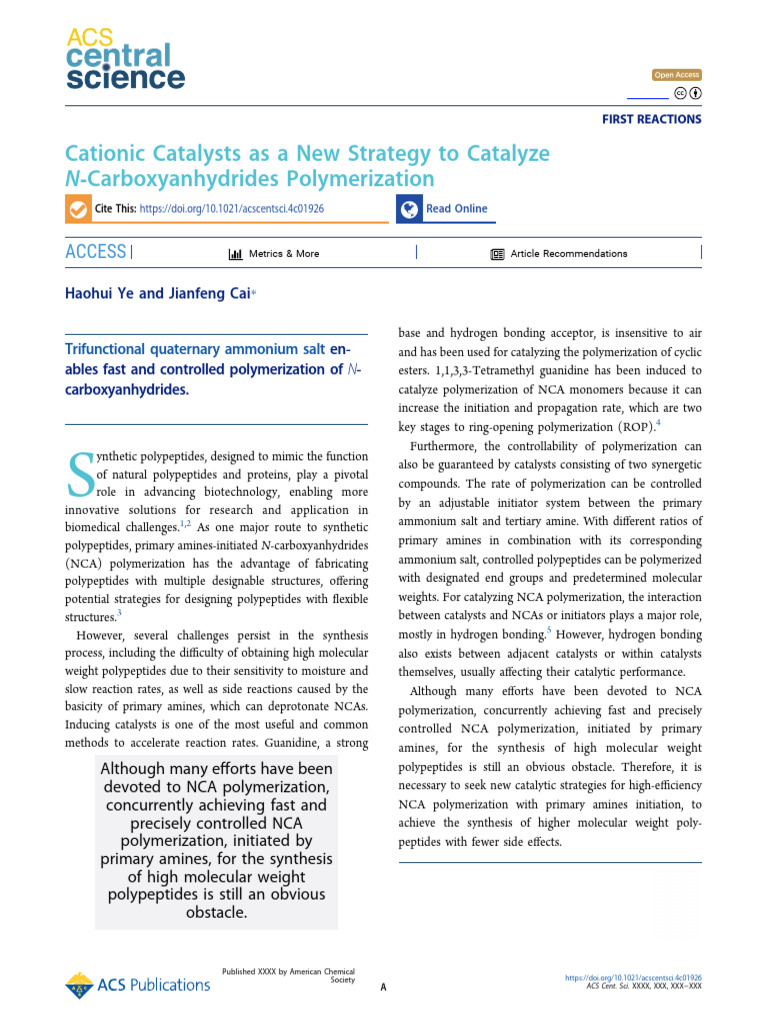 Cationic Catalysts As A New Strategy To Catalyze N Carboxyanhydrides ...