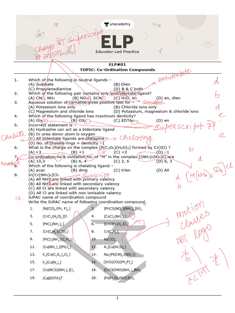 ELP-1 - Coordination Compounds - Qns - Final | PDF