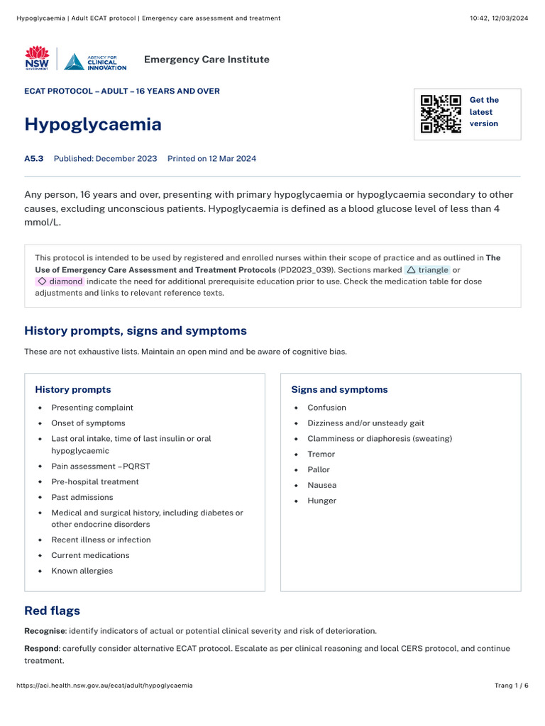Hypoglycaemia | Adult ECAT Protocol | Emergency Care Assessment and ...