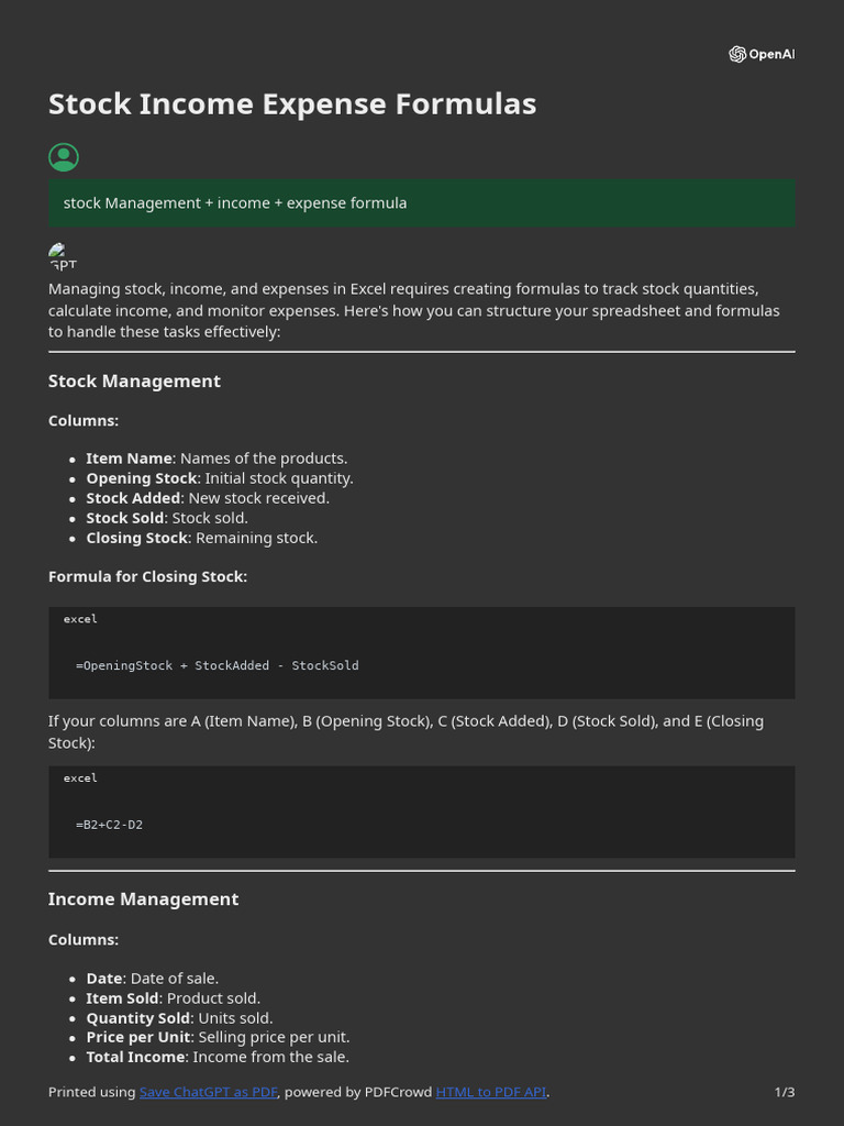 Excel Closing Stock Formula Guide | PDF | Microsoft Excel | Income