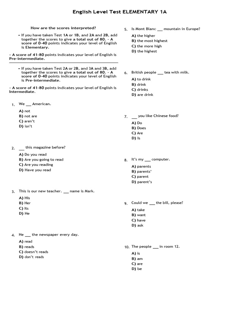A1 English Level Test with Answers | PDF