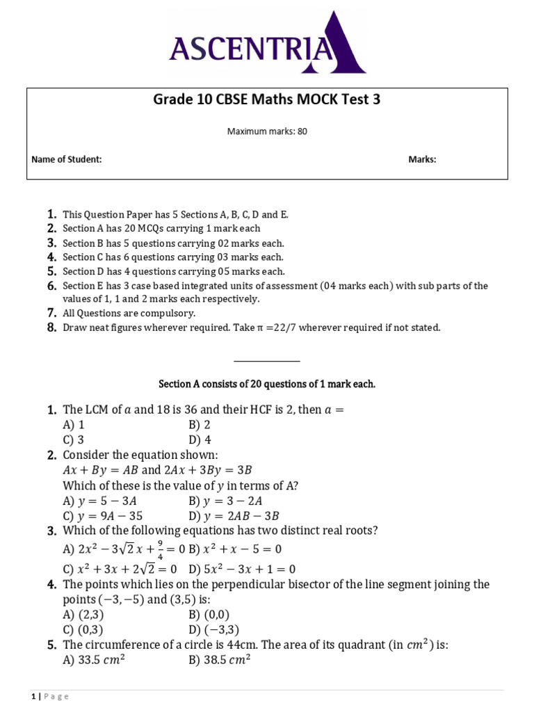 Class 10 Maths Mock Test 3 | PDF | Area | Sphere