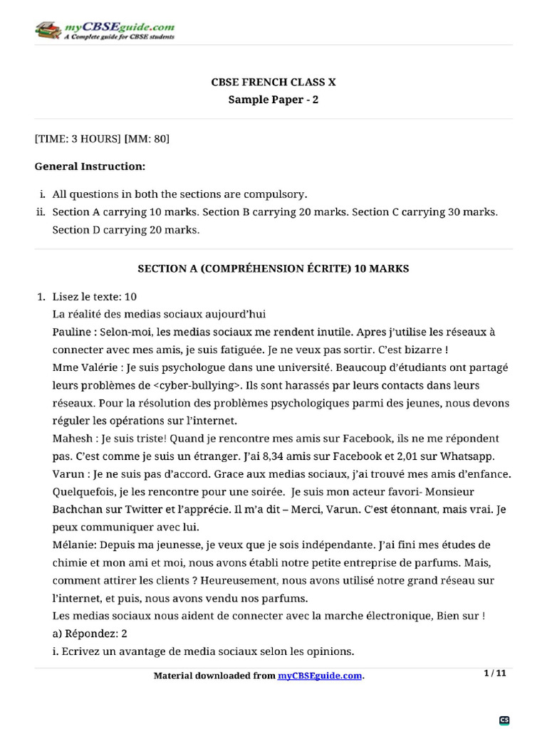10 French Sample Paper 2 | PDF