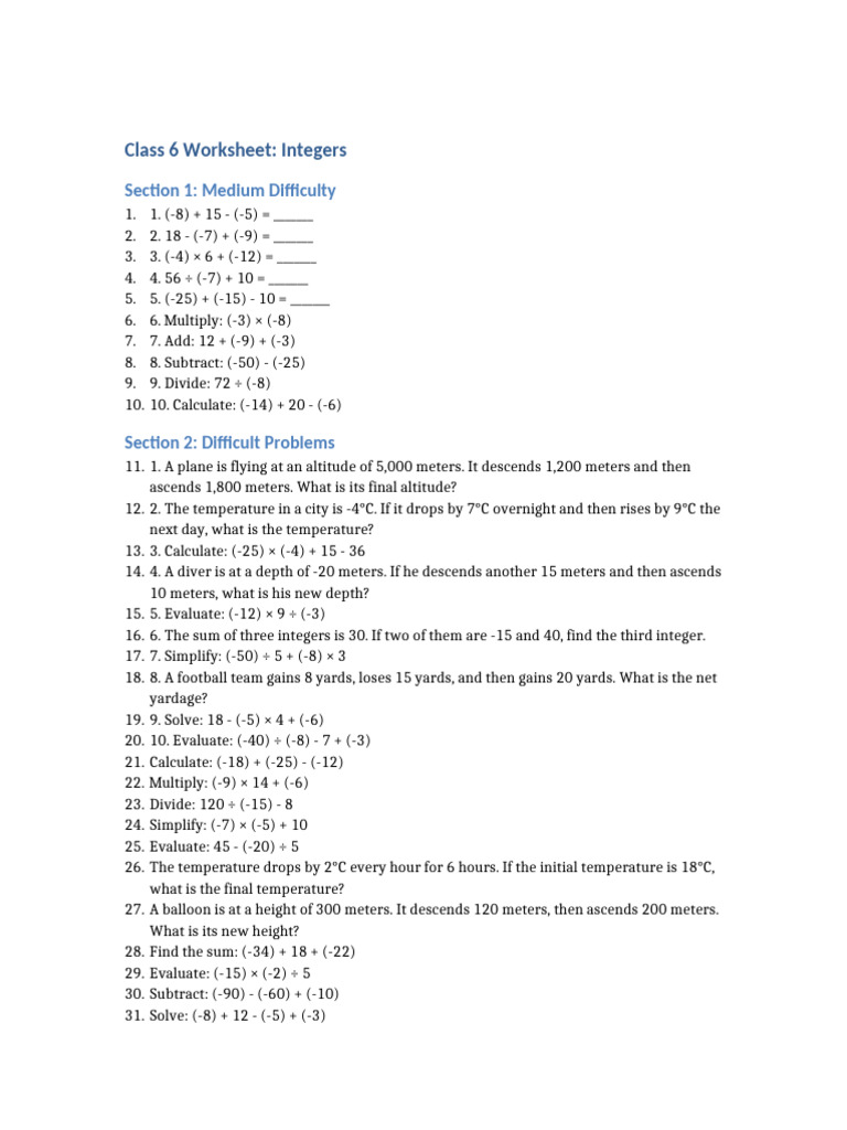 Class6 Integers Worksheet | PDF | Multiplication | Arithmetic