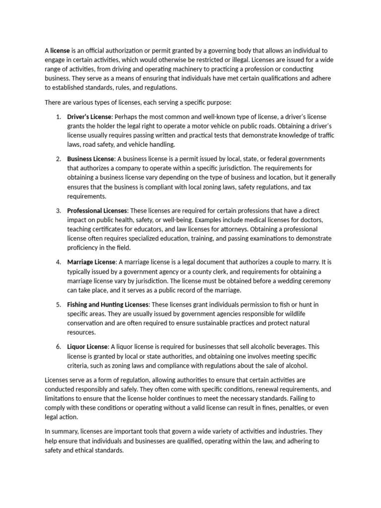 A License Is An Official Authorization or Permit Granted by A Governing ...