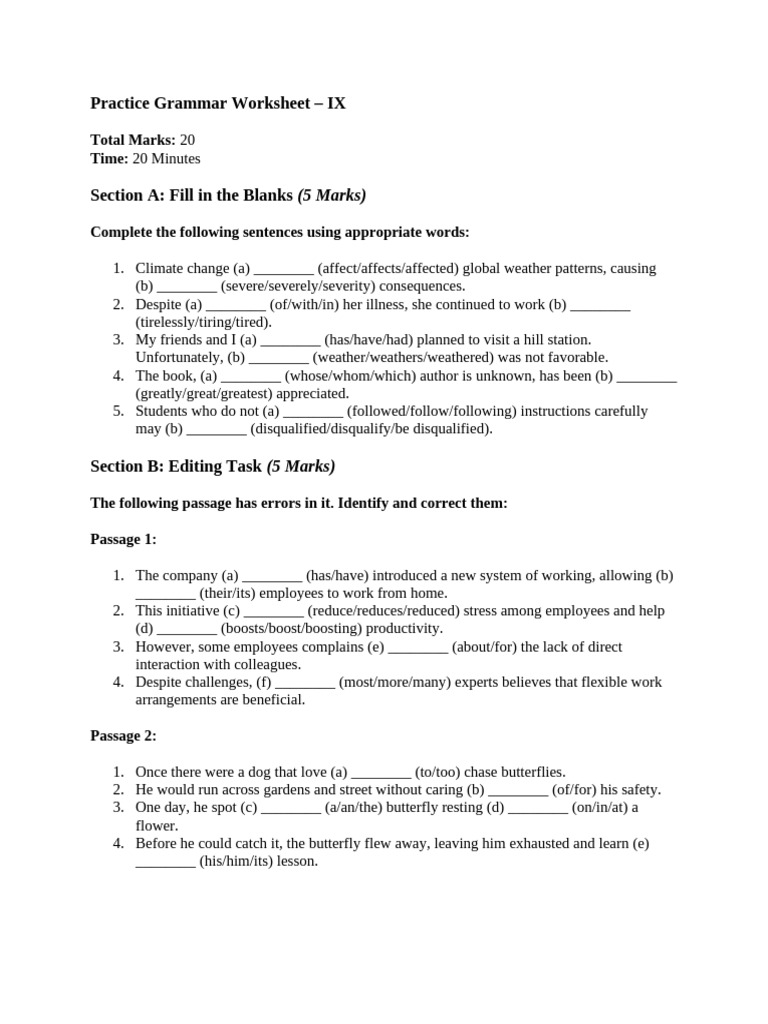 Grammar Practice Worksheet IX | PDF | Cognition