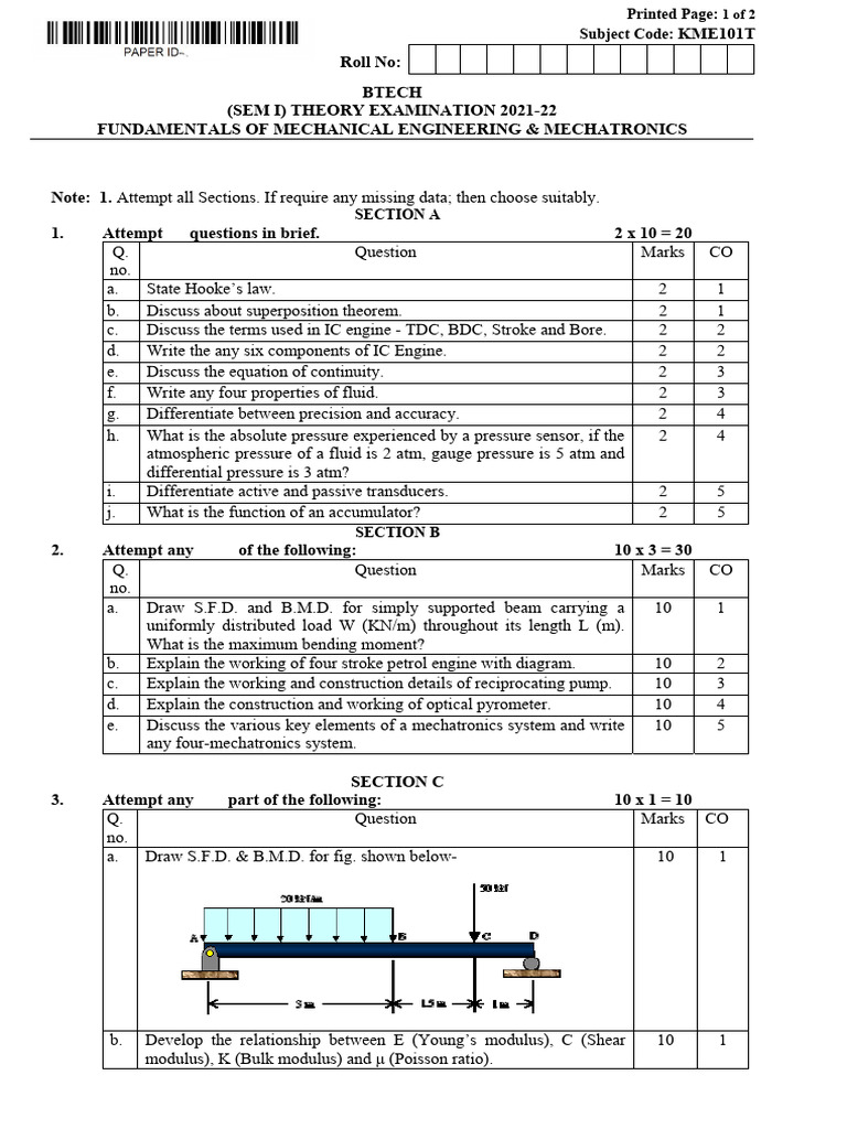 KME101: Mechanical Engineering Exam Guide | PDF | Pressure Measurement ...