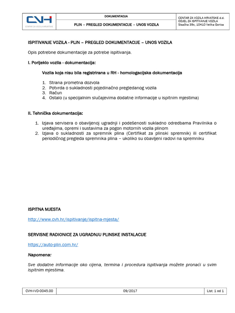 Cvh i Vd 004500 Dokumentacija Plin Pregled Dokumentacije Unos Vozila | PDF