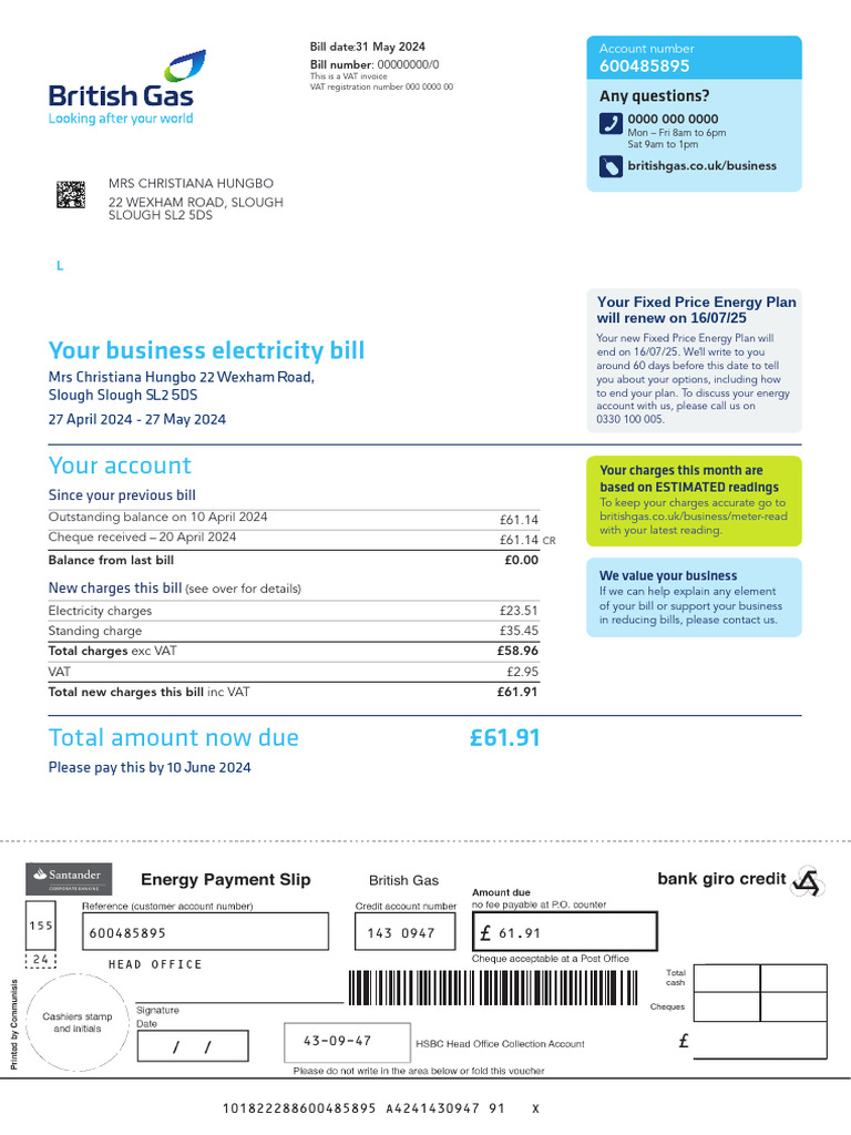 Christiana Hungbo 4987637 British Gas Bill | PDF | Cheque | Value Added Tax