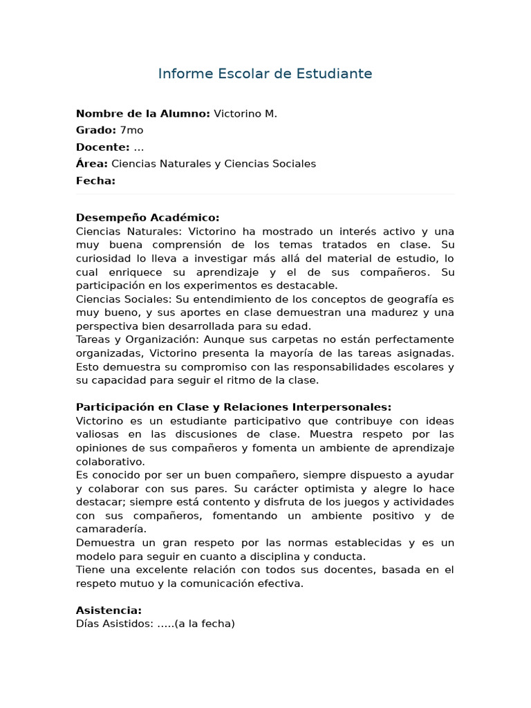 Informe Escolar Séptimo | PDF