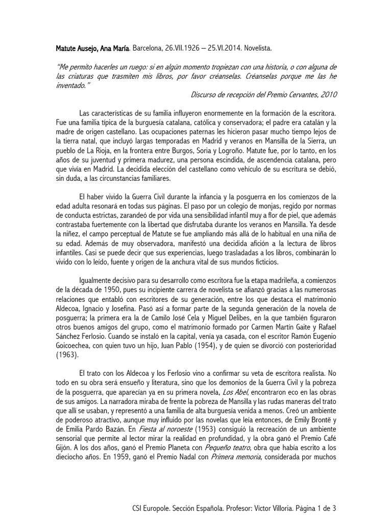 Ana María Matute: Vida y Obra Literaria | PDF | Novelas