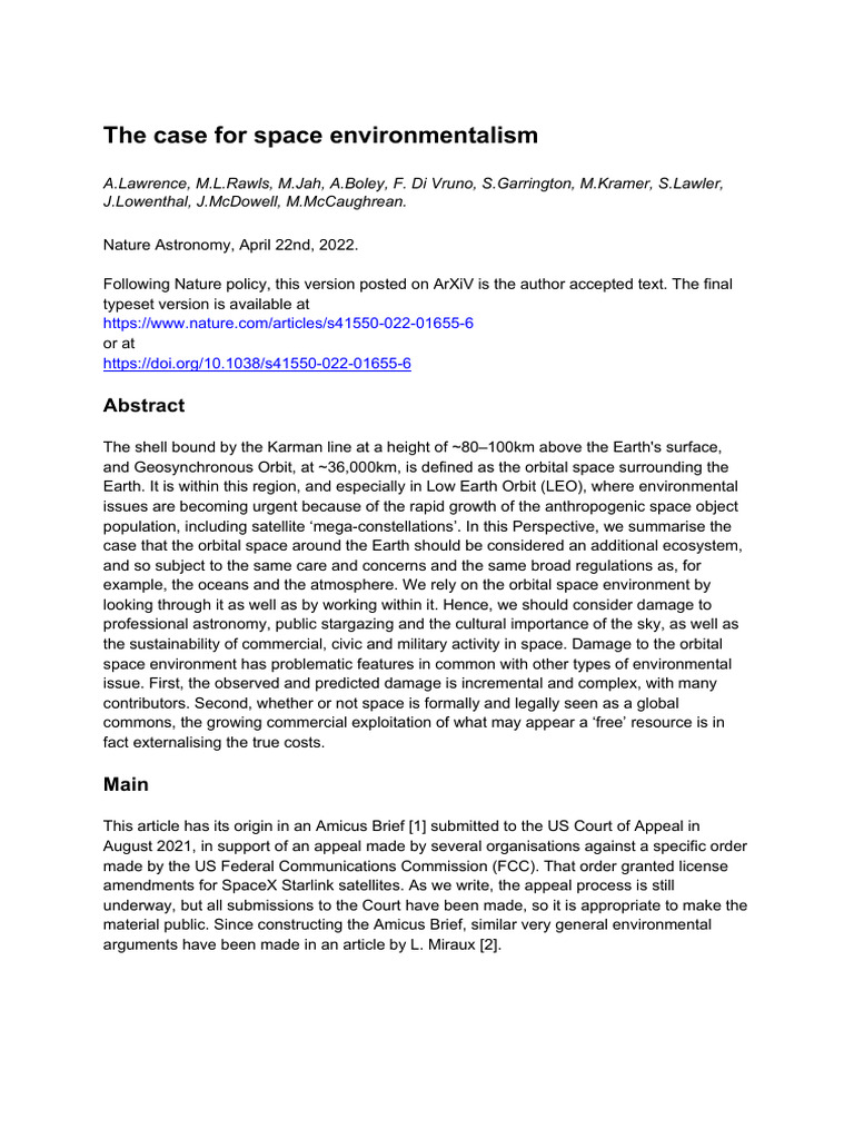 The Case For Space Environmentalism | PDF | Satellite | Space Debris