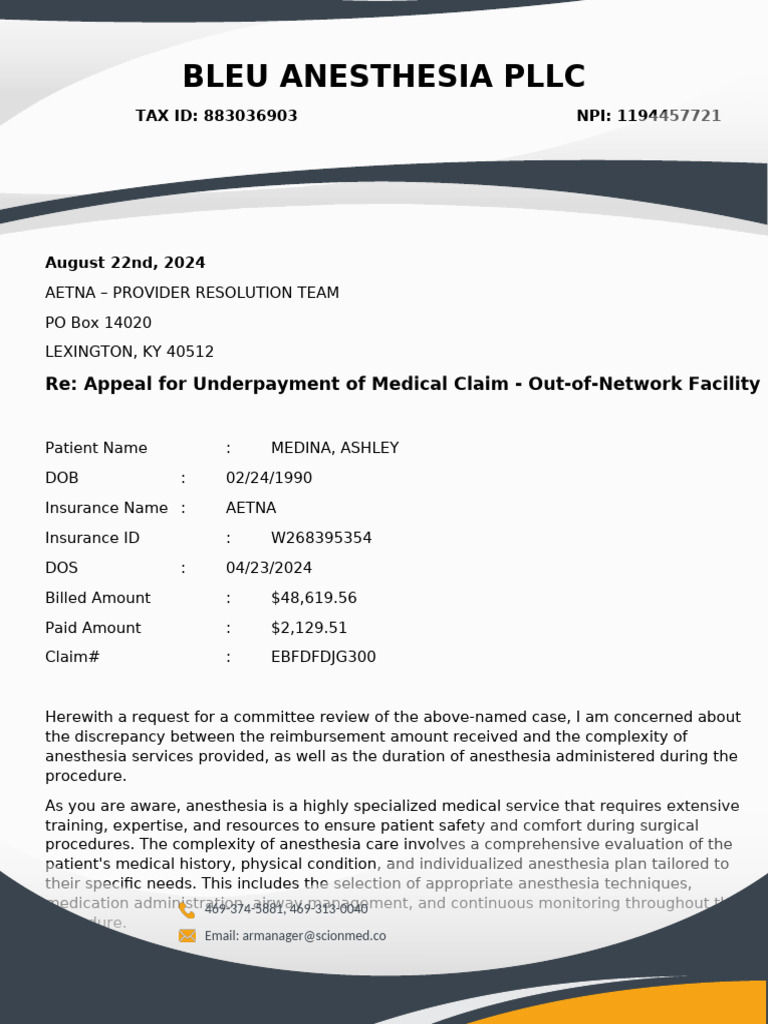BA Underpayment Appeal Letter - Insurance - U&C - AETNA | PDF ...