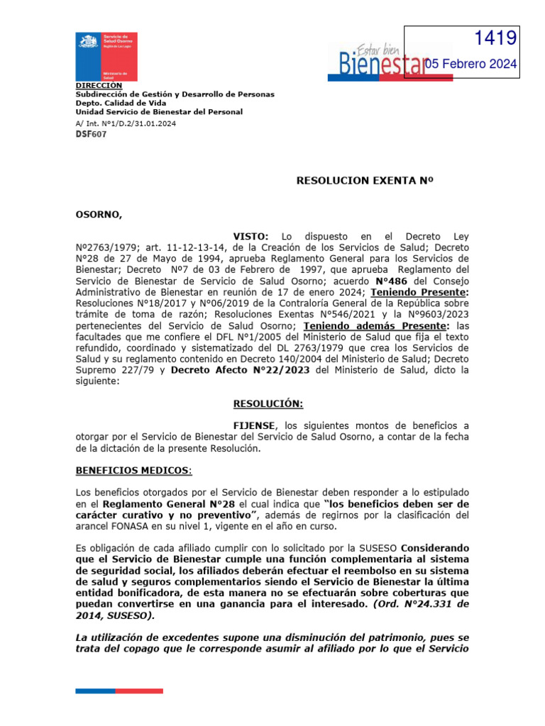 EXENTA N°1419 Reembolso Bienestar | PDF | Gobierno | Justicia